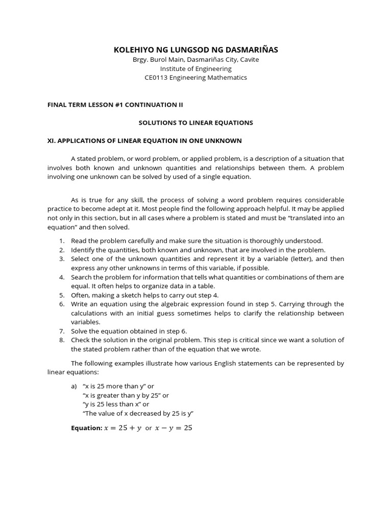 Final Term Lesson #1 Engineering Mathematics - Continuation II | PDF ...