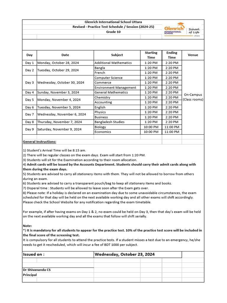 Grade 10 Revised Practice Test Schedule 2024 25 | Pdf | Educational Stages