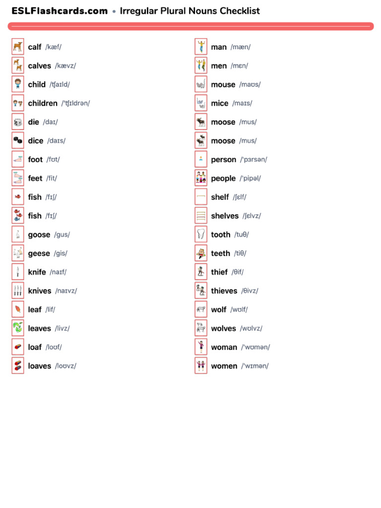 Irregular Plural Nouns Printable List