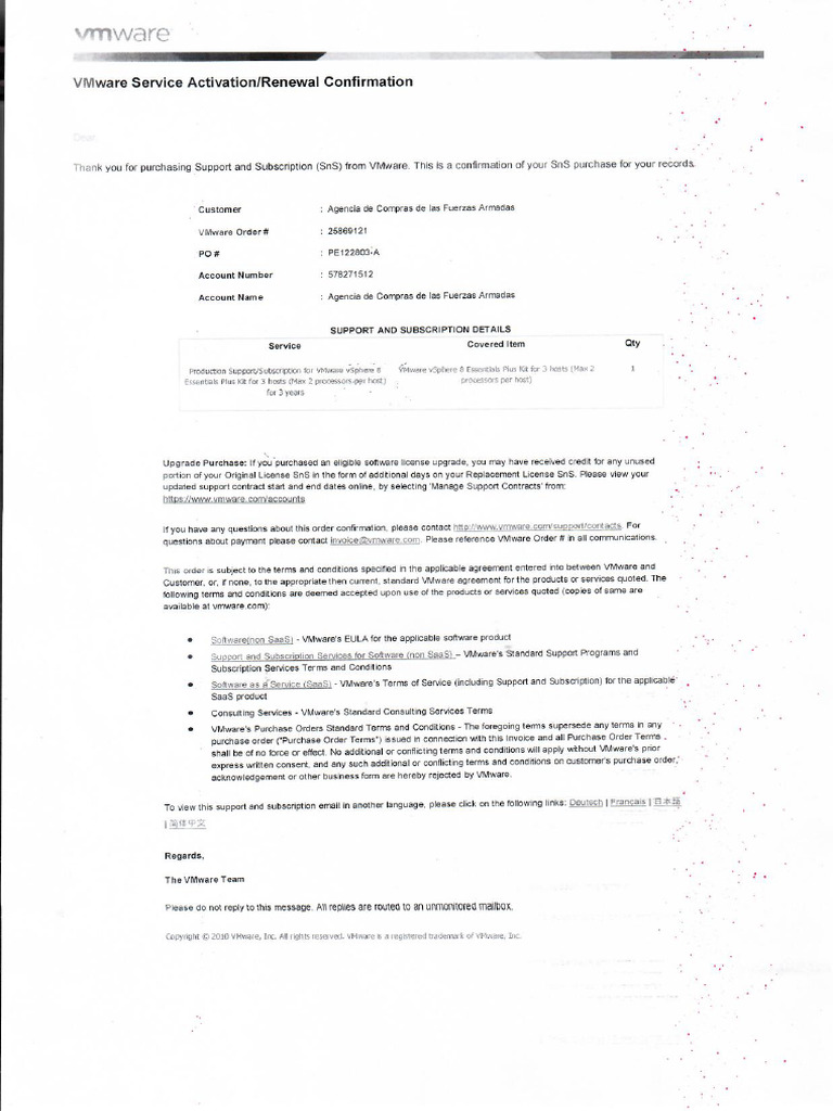 VMware Service Activation - Renewal Confirmation | PDF