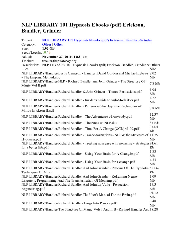 NLP LIBRARY 101 Hypnosis Ebooks | PDF | Neuro Linguistic Programming | Therapy