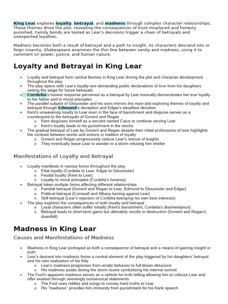 Loyalty and Betrayal in King Lear - BBBBBB | PDF | King Lear | Insanity