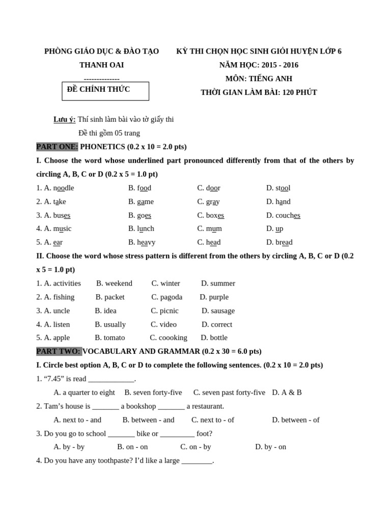 De Thi Chon Hoc Sinh Gioi Mon Tieng Anh Lop 6 Huyen Thanh Oai Nam Hoc 2015 2016 | PDF | Meal ...