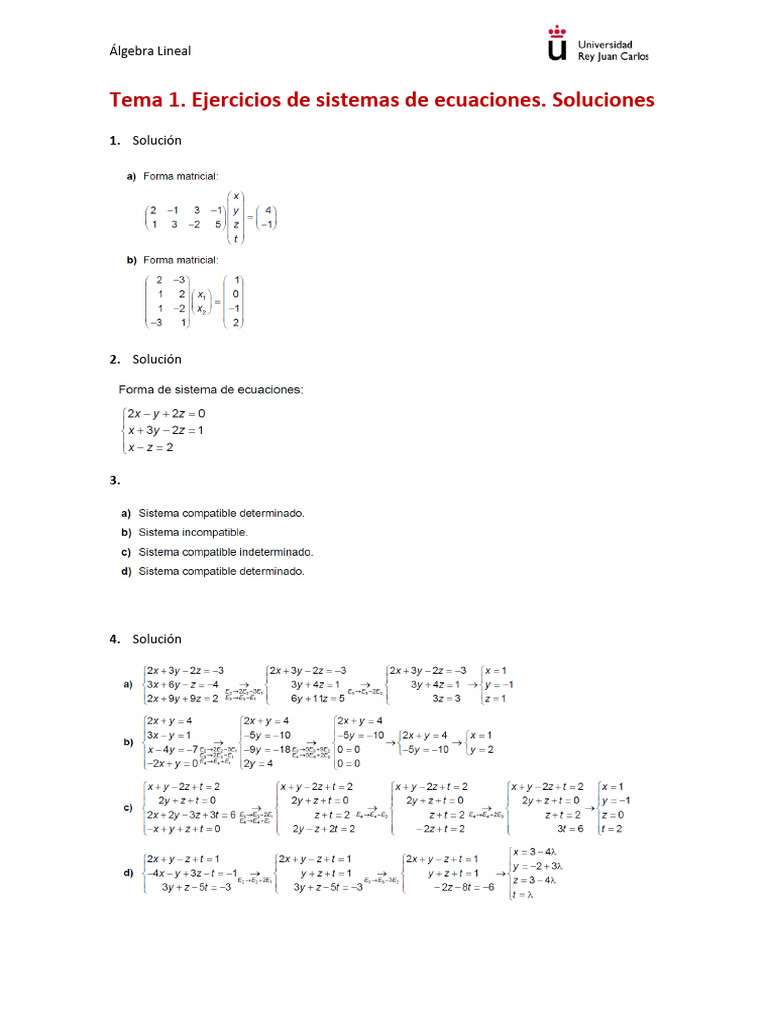 Tema1 Ejercicios Sistemas Ecuaciones Soluciones | PDF