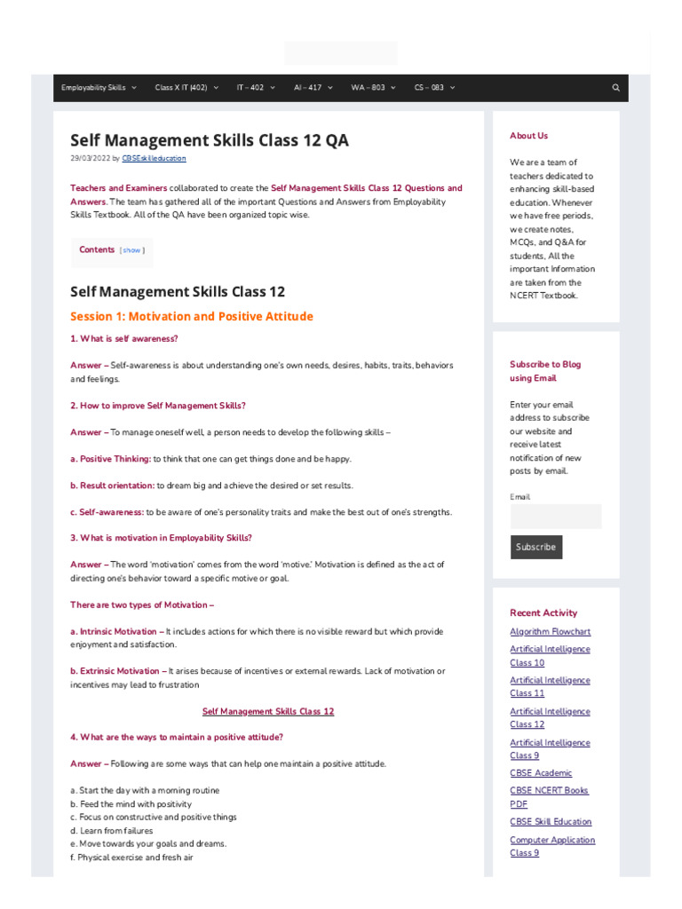 Cbseskilleducation Com Self Management Skills Class 12 | PDF | Personality Disorder | Goal