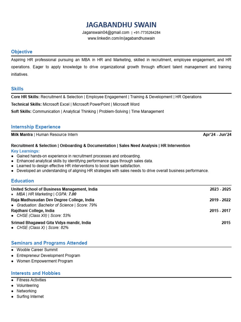 Jagabandhu Swain HR Fresher | PDF