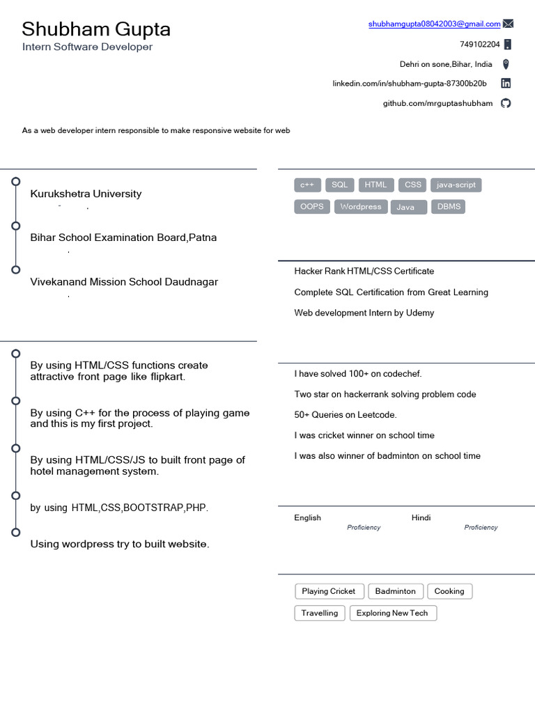 Shubham Gupta Fresher Resume 08 | PDF | Computer Programming | Software Development
