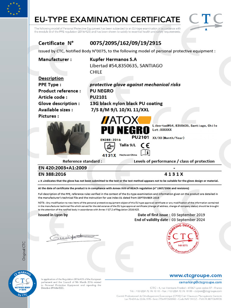 Certificado Material Guante Atox Pu Negro Pu2101 61554 1 | PDF