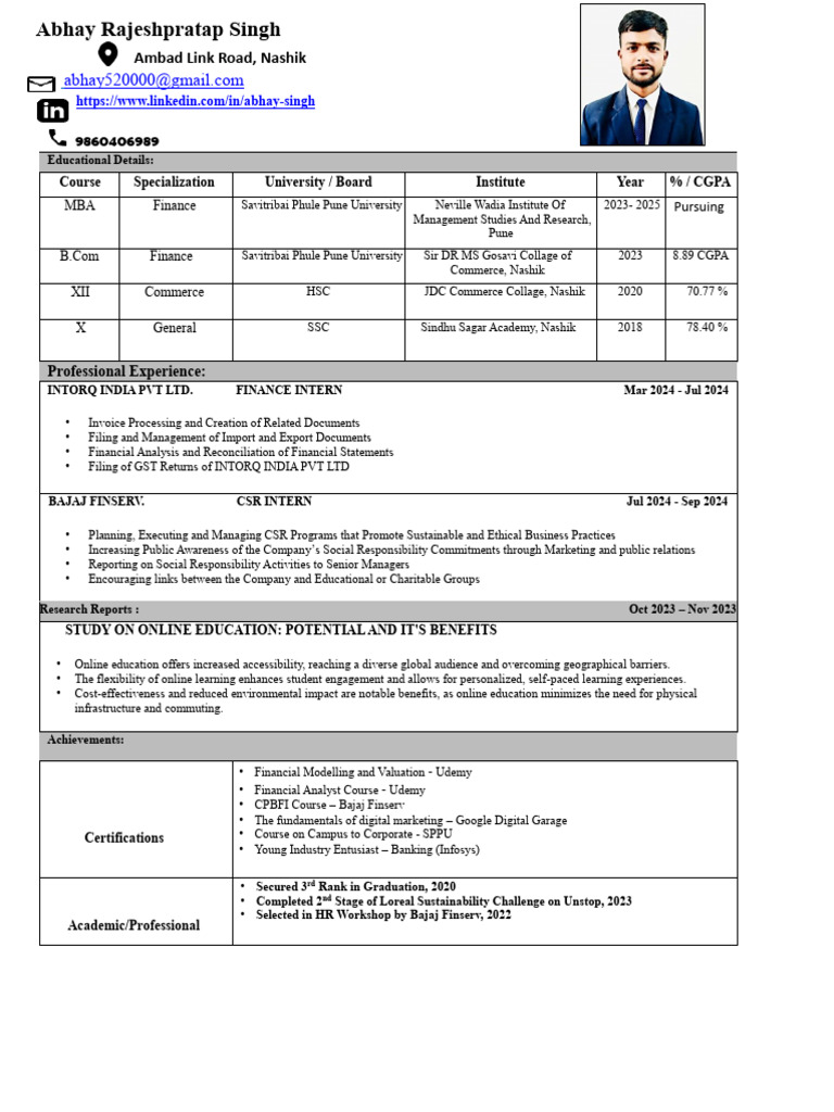 Abhay New Resume Nwimsr | PDF | Business | Economies