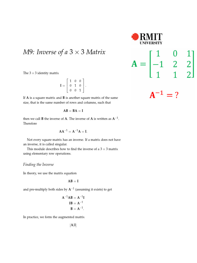 M9 Inverse of A 3x3 Matrix | PDF | Linear Algebra | Mathematics