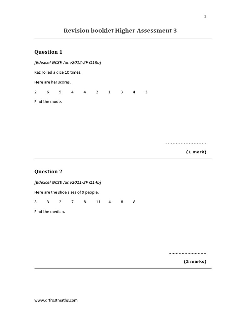 Year 11 Revision Booklet Higher Assessment 3 | PDF | Mathematics ...
