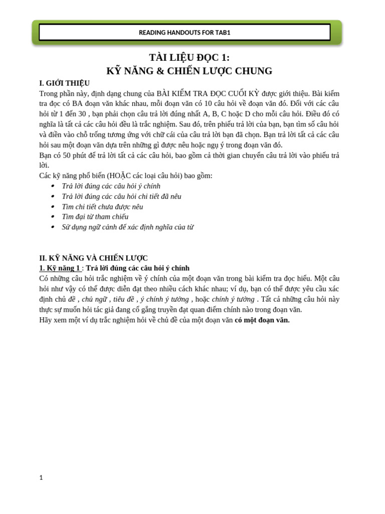 Reading Handout 1 - Common Skills & Strategies Sts | PDF