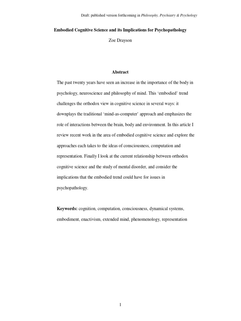 Drayson - Embodied Cognitive Science and Its Implications For Psychopathology | PDF | Embodied ...