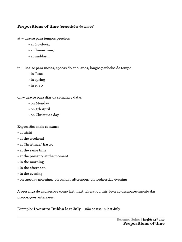 Prepositions of Time | PDF