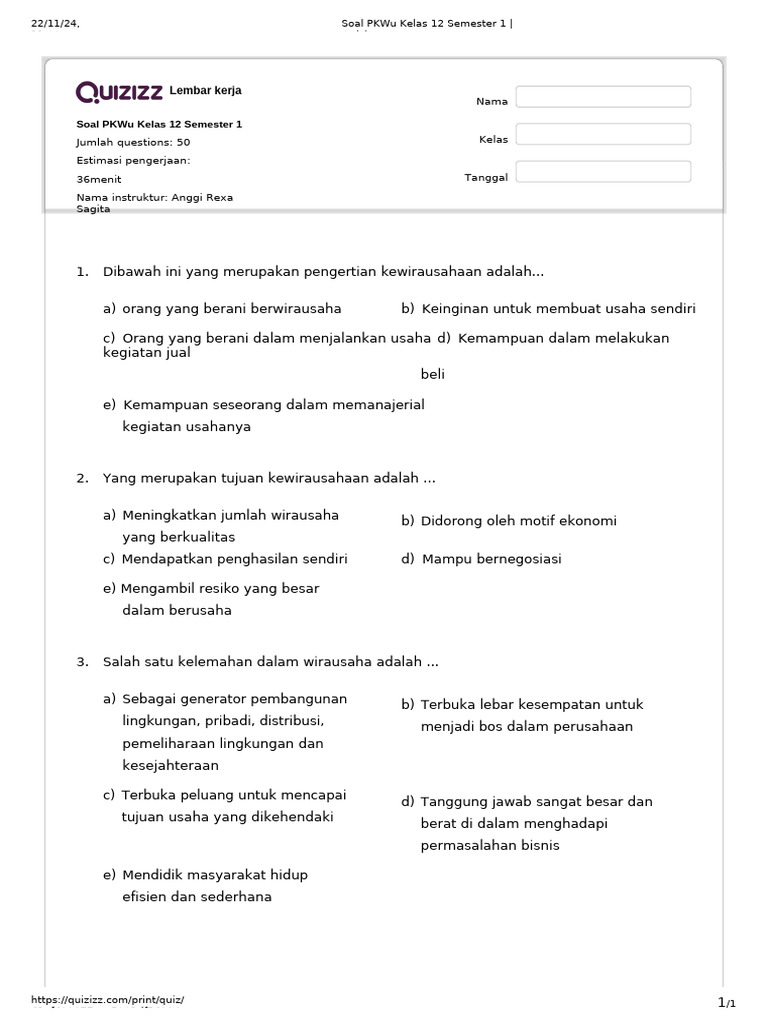Soal PKWu Kelas 12 Semester 1 - Quizizz | PDF