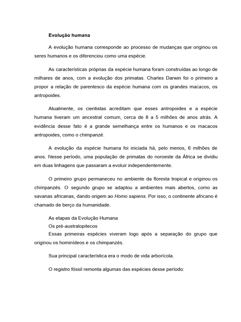 Evolução da Espécie Humana | PDF | Homo | Evolução humana