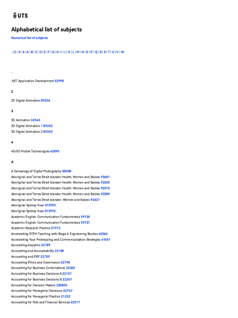 UTS - Alphabetical List of Subjects - UTS Handbook | PDF | Engineering | Medicine