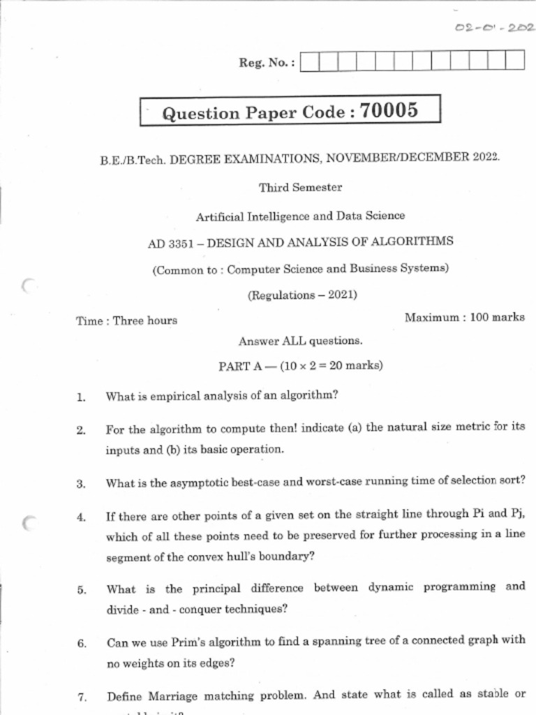 Design and Analysis of Algorithms - AD3351 2021 Regulation - Question Paper 2022 Nov Dec | PDF ...