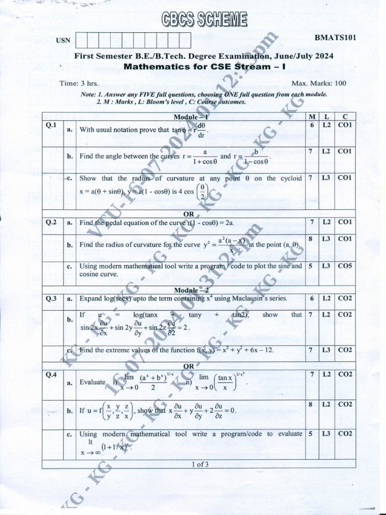 Mathematics Exam Questions for CSE 2024 | PDF | Eigenvalues And ...