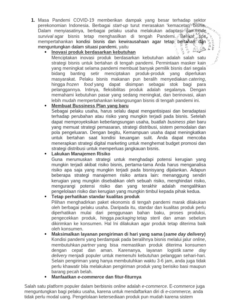 Jawaban UAS BISNIS S1 PART 1 | PDF