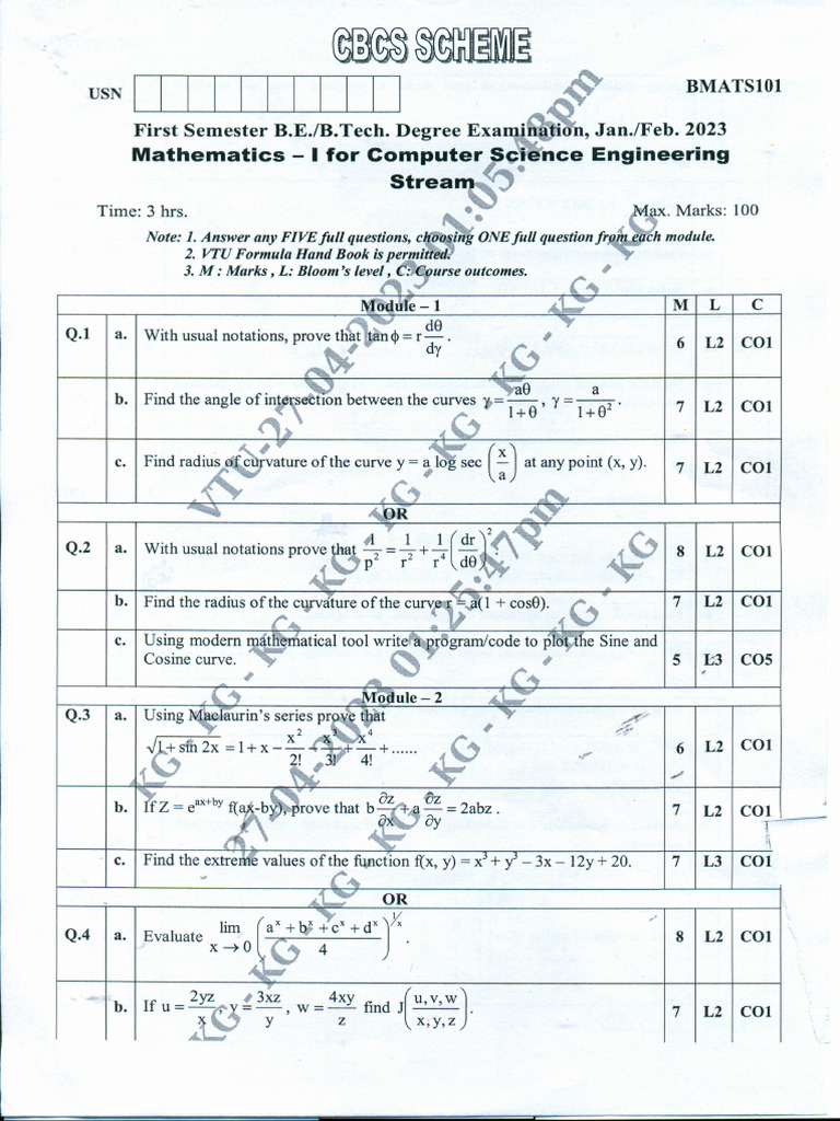 Maths Model Papers (Jan Feb Sem-1 2023) | PDF | Mathematical Objects ...