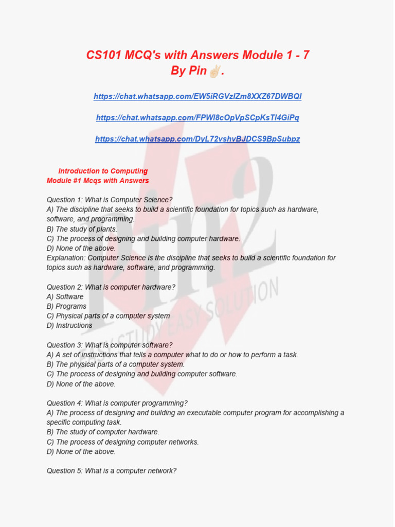 CS101 MCQ's With Answers Module 1 - 7 by Pin ? | PDF | Databases | Computer Science