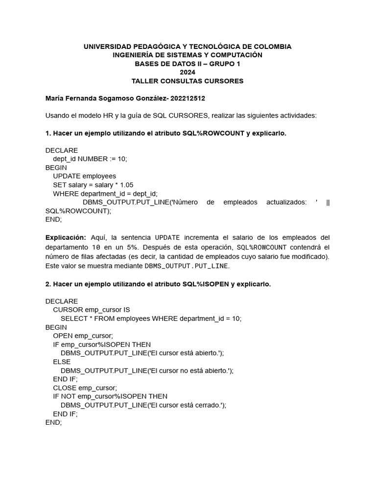 Taller Consultas Cursores | PDF | SQL | Datos de computadora