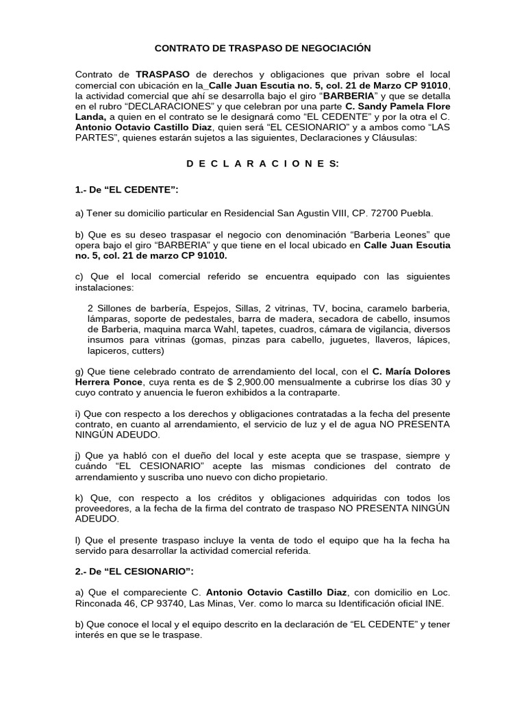Contrato de Traspaso de Negocio Completo | PDF
