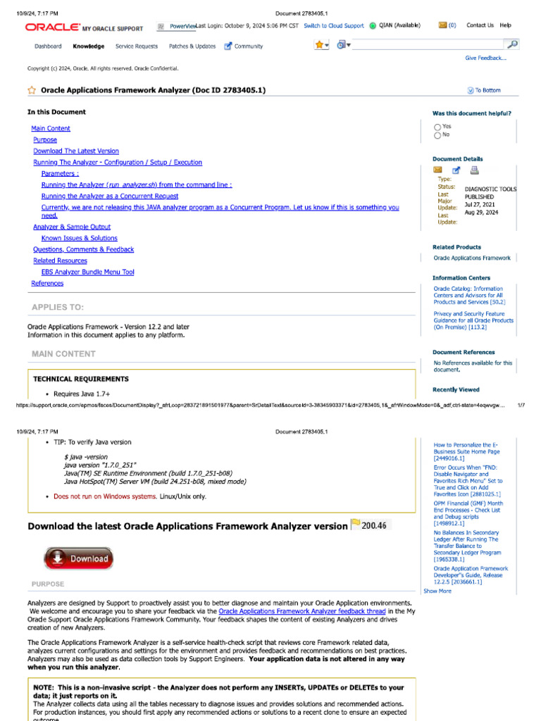 EBS - Oracle Applications Framework Analyzer (Doc ID 2783405.1) | PDF