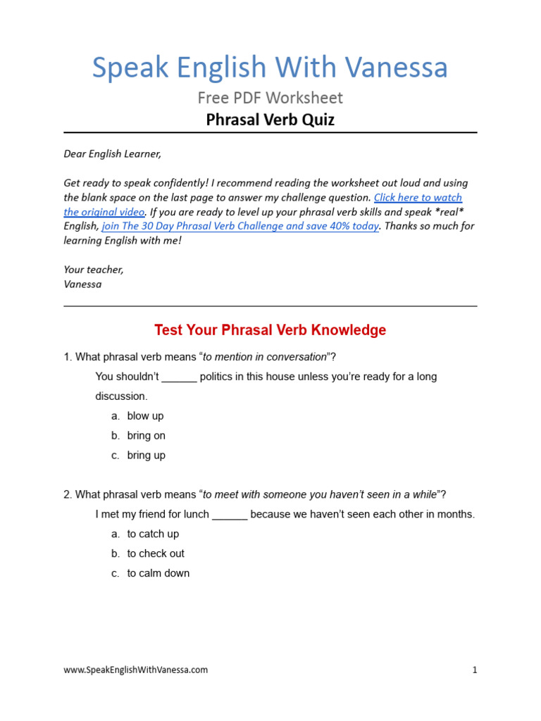 Phrasal Verb Quiz - Speak English With Vanessa | PDF | English Language