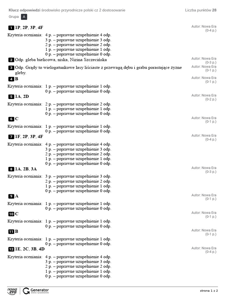Środowisko Przyrodnicze Polski CZ 2 Dostosowanie Klucz Odpowiedzi | PDF