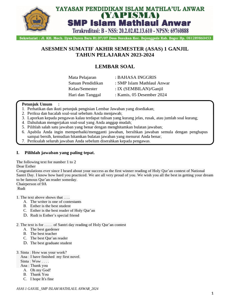 ASESMEN SUMATIF AKHIR SEMESTER Ganjil Bahasa Inggris Kelas 9 | PDF | Ice Cream | Teaspoon