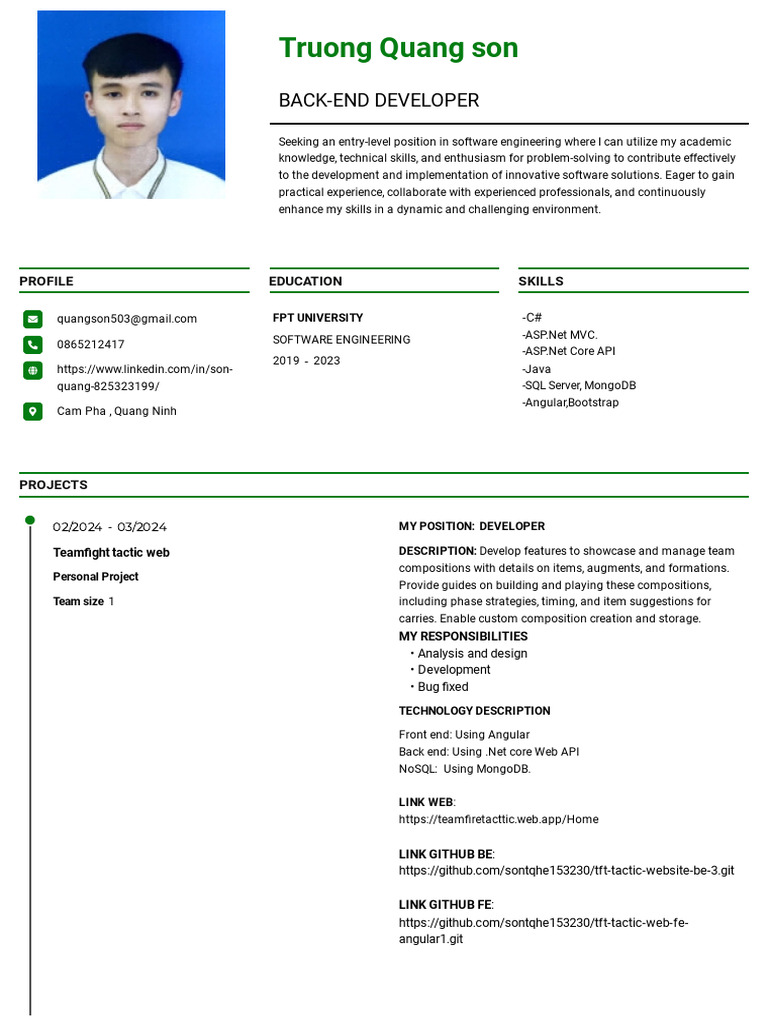 CV Intern BE TruongQuangSon | PDF | Software | Information Technology