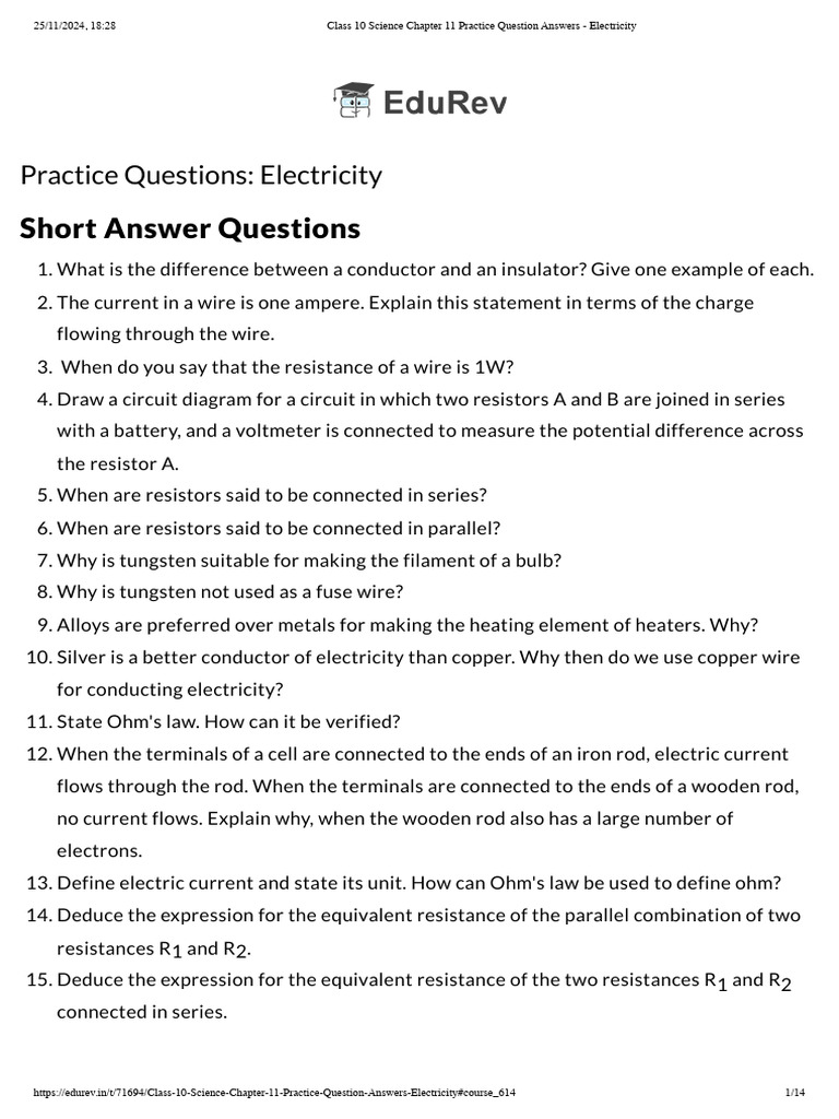 Class 10 Science Chapter 11 Practice Question Answers - Electricity ...