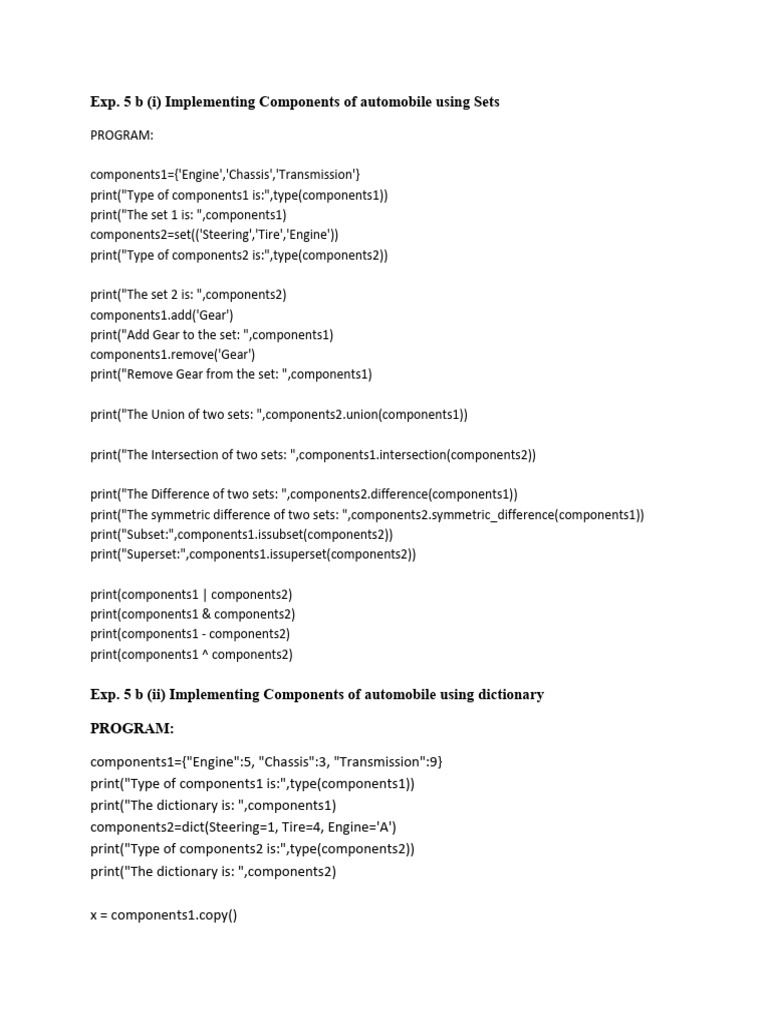 Automobile Components with Sets & Dicts | PDF