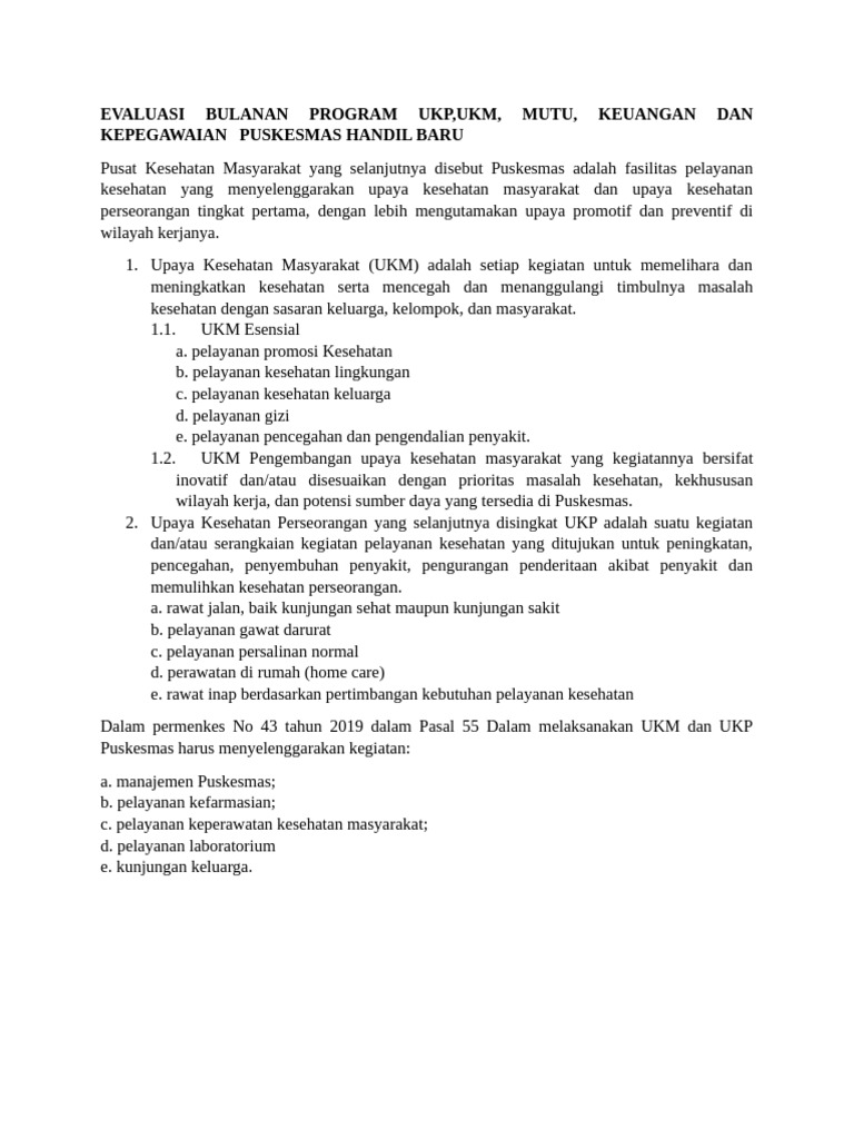 Evaluasi Bulanan Program Ukp, Ukm, Mutu, Keuangan Dan Kepegawaian Puskesmas Handil Baru | PDF