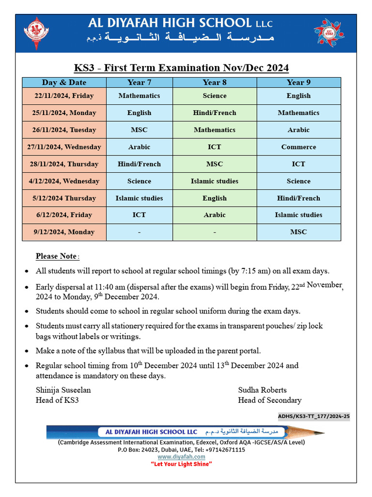 KS3 First Term Exam Schedule 2024 | PDF