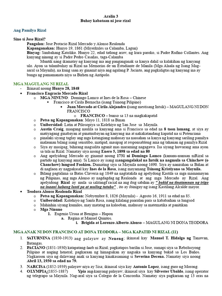 Ang Pamilya Rizal Aralin 3 | PDF