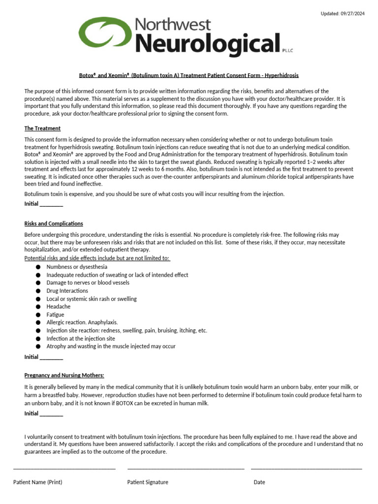 Hyperhidrosis - Consent Form | PDF | Botulinum Toxin | Informed Consent