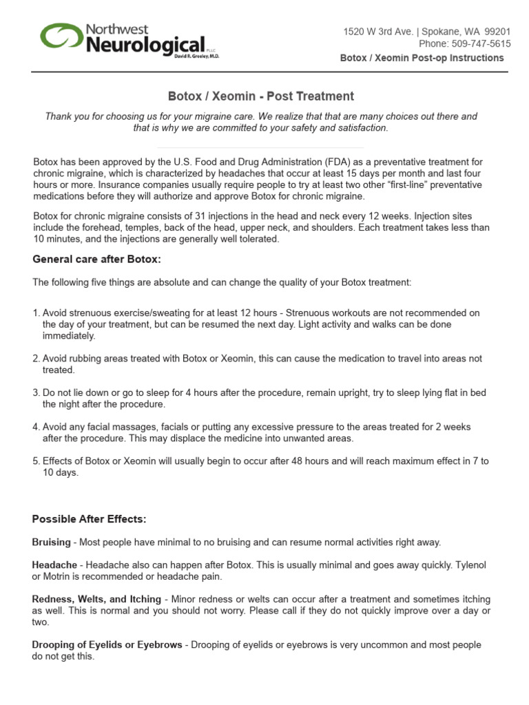 Botox Discharge Instructions | PDF | Botulinum Toxin | Migraine