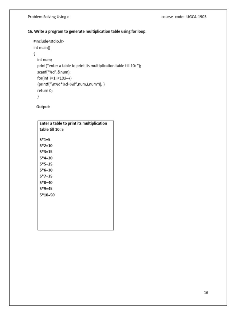 Write A Program To Generate Multiplication Table Using For Loop Pdf 9185