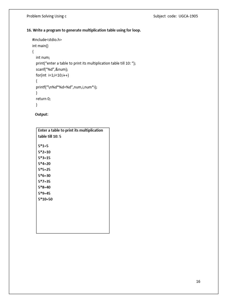 Write A Program To Generate Multiplication Table Using For Loop Pdf