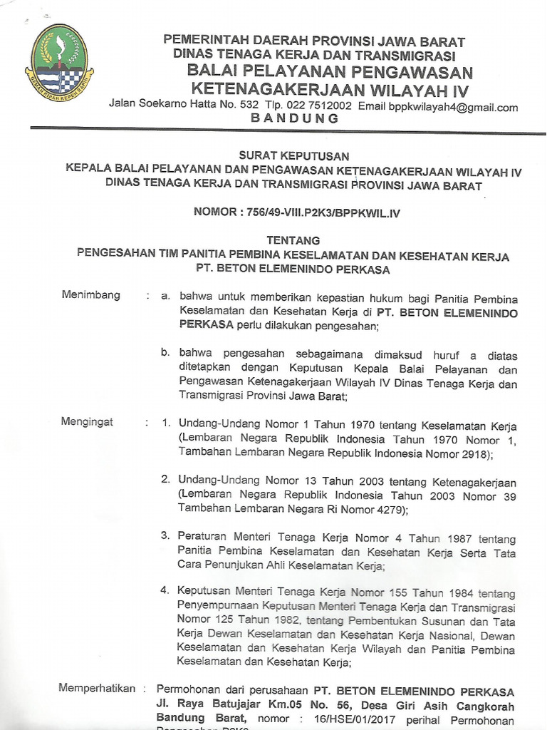 Surat Keputusan Pengesahan P2K3 | PDF