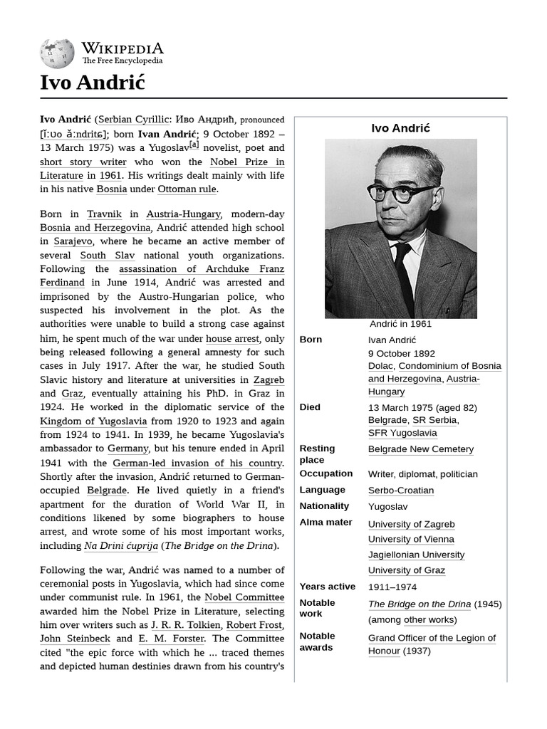 Ivo Andrić: Nobel Laureate Overview | PDF