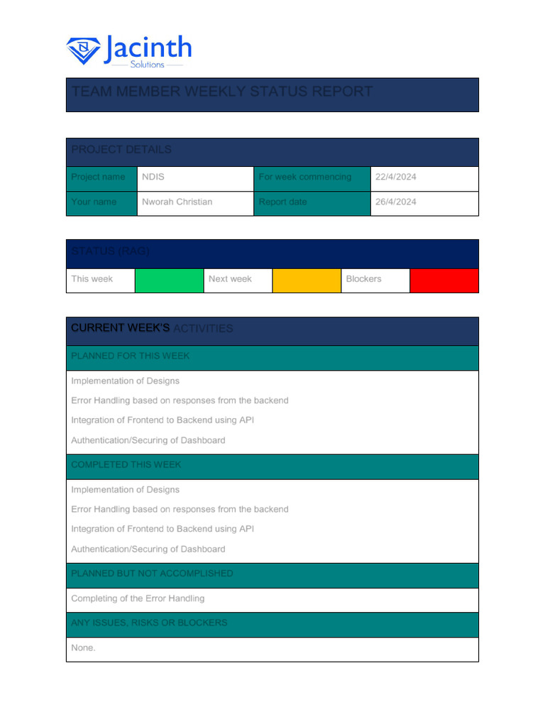 Jacinth Solutions Team-Member-Status-Report-Weekly | PDF