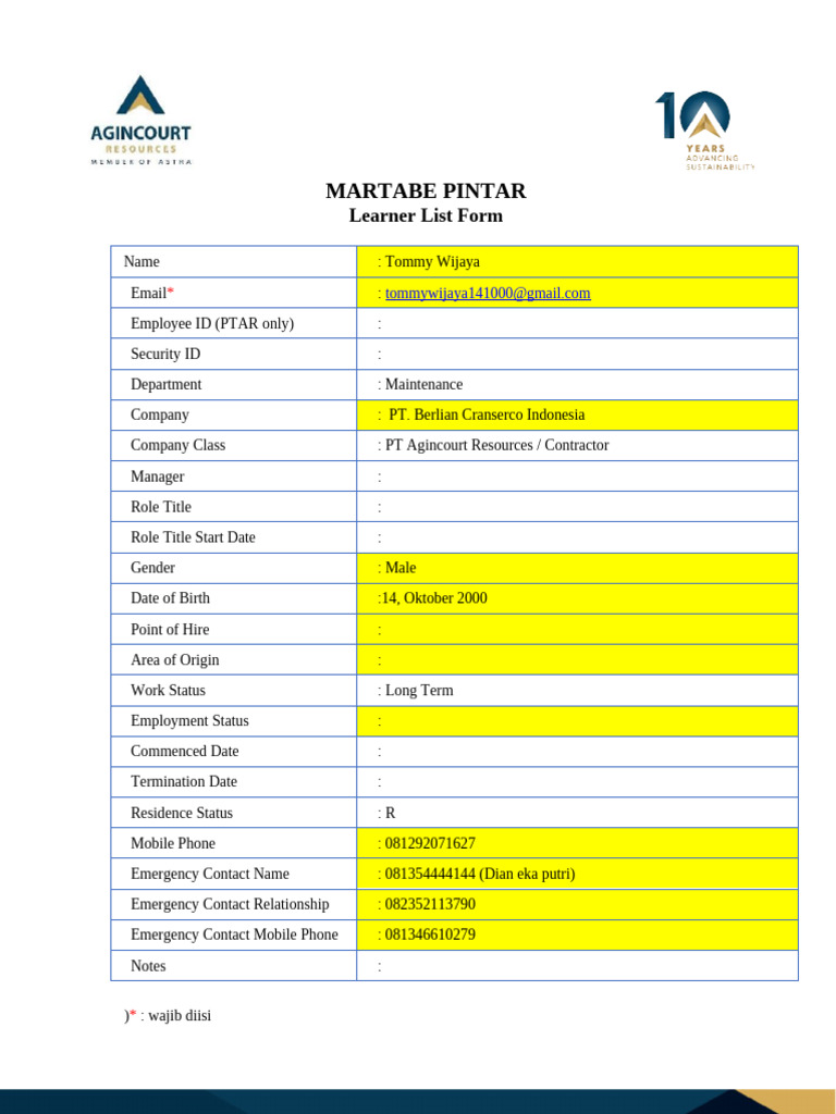 Learner List Form | PDF