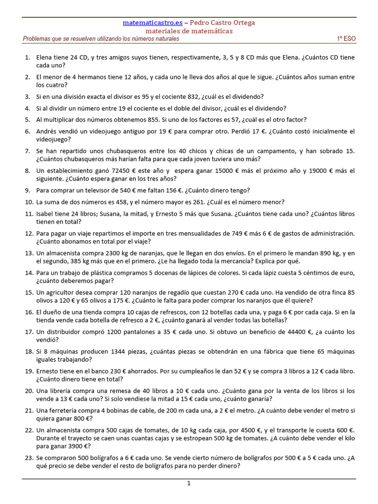 02 Problemas Naturales 1 | PDF | División (Matemáticas) | Aritmética