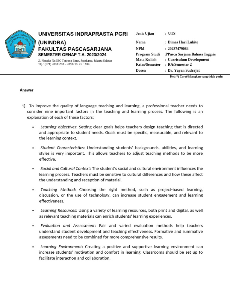 DIMAS HARI LUKITO - 20237479084 - UTS - Curriculum Development 2024 | PDF | Learning | Curriculum