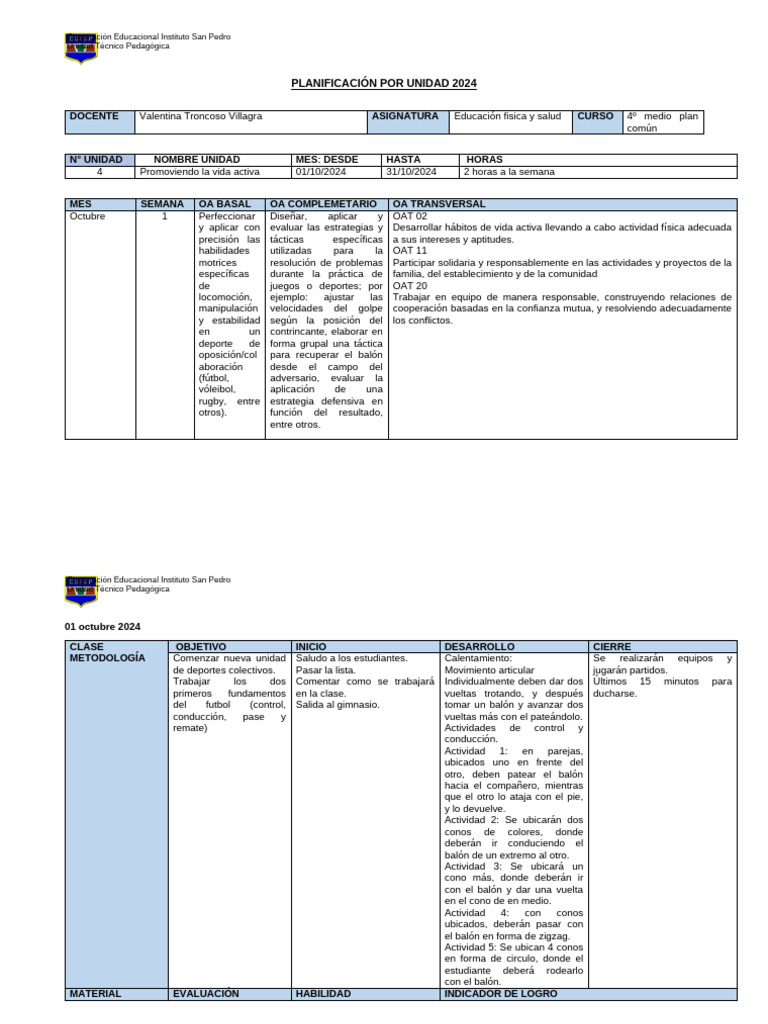 Planificación Cuarto Medio Unidad 4 | PDF