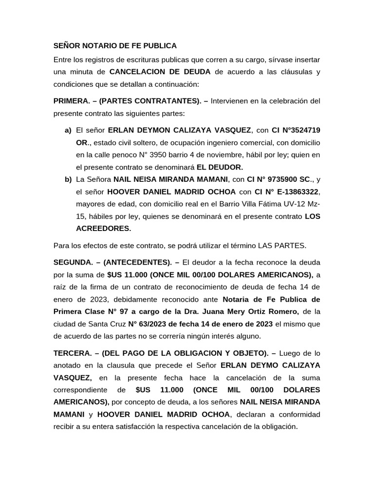 Cancelación de Deuda en Notaría | PDF